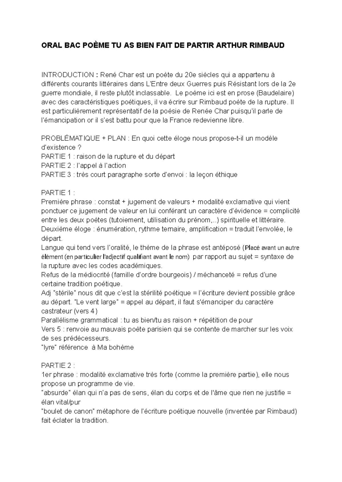 ORAL BAC Poème : Analyse de "Tu as bien fait de partir" de Rimbaud ...