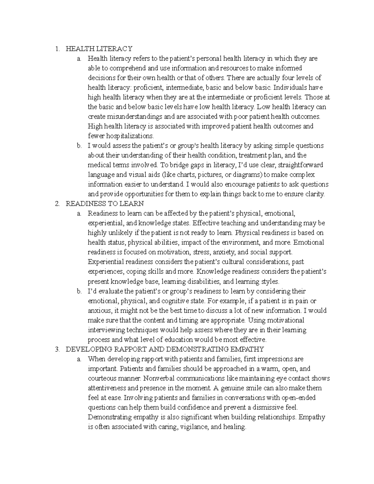 Patient community teaching - 1. HEALTH LITERACY a. Health literacy ...