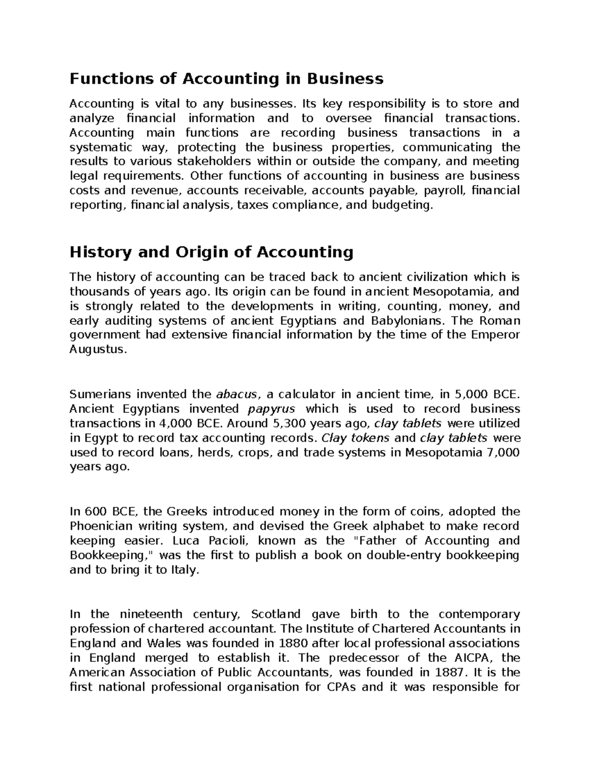 Functions, History, and Branches of Accounting (ACCT 101) - Studocu