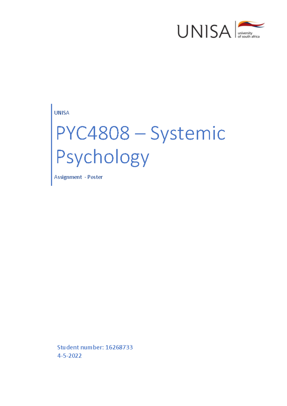 PYC4808 - Assignment 1 (POSTER) - UNISA PYC4808 – Systemic Psychology Assignment - Poster ...