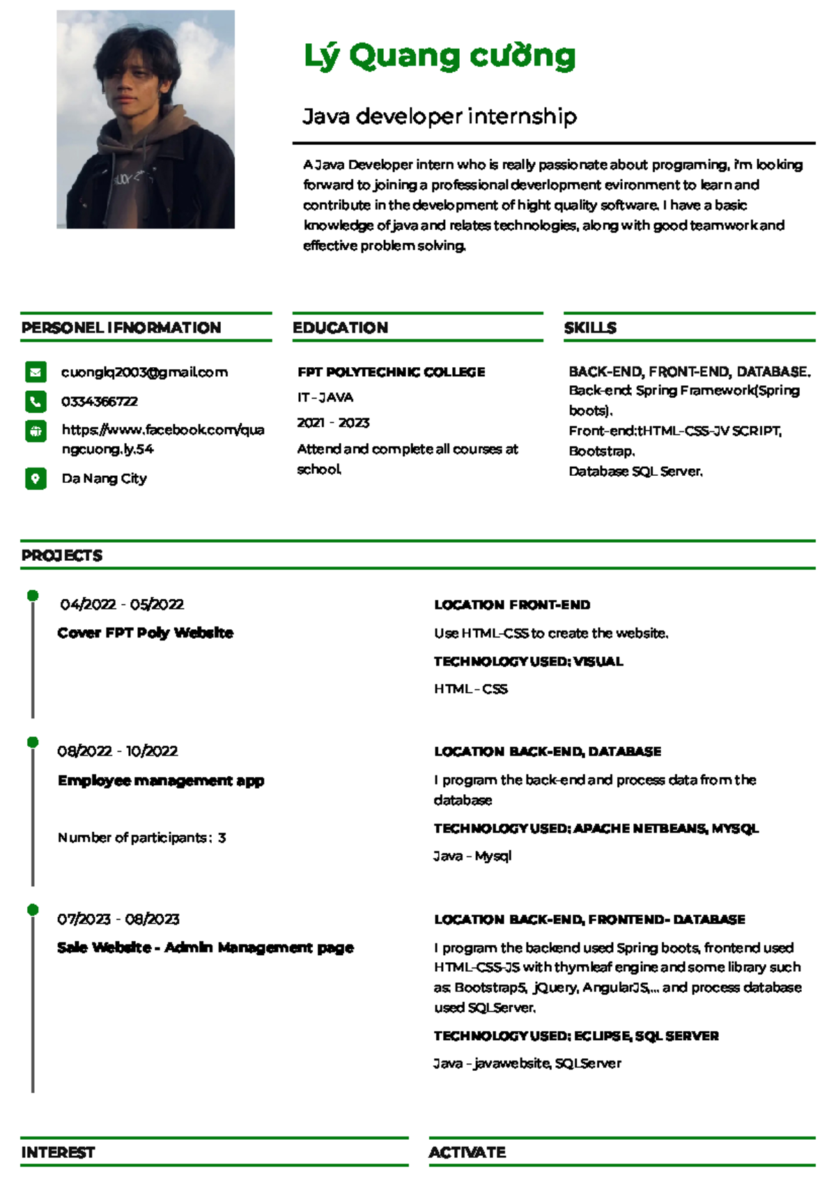 Cv Intern Lý Quang Cường - Lý Quang cường Java developer internship A Java Developer intern who ...