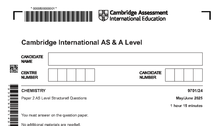 Cambridge International AS A Level 9701 Chemistry Paper 2 Structured ...