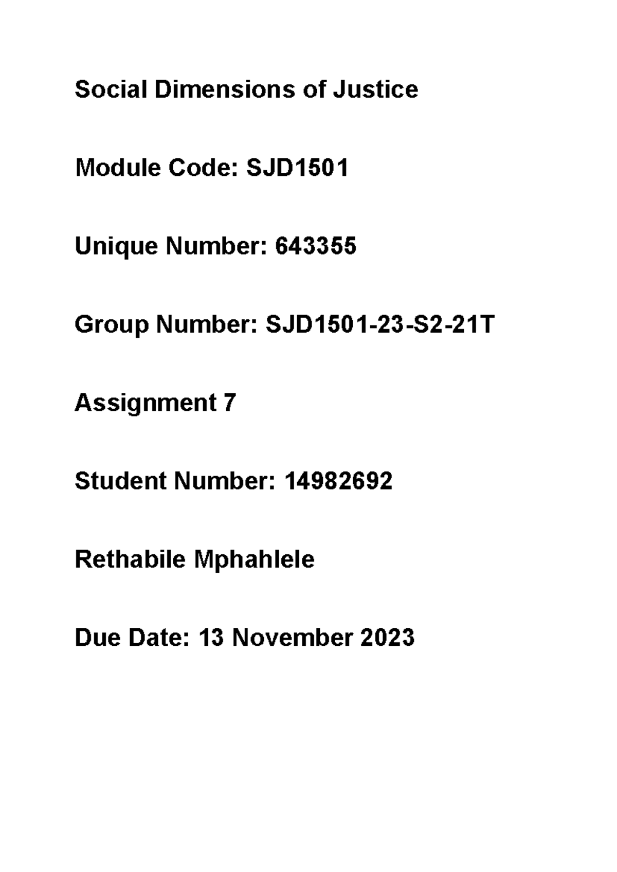 SJD1501 Assignment 7: Social Dimensions of Justice and Ubuntu Insights ...