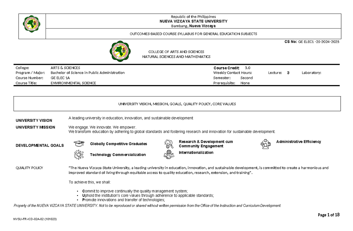 GE ELEC1: Environmental Science Course Syllabus for SY 2024-2025 - Studocu
