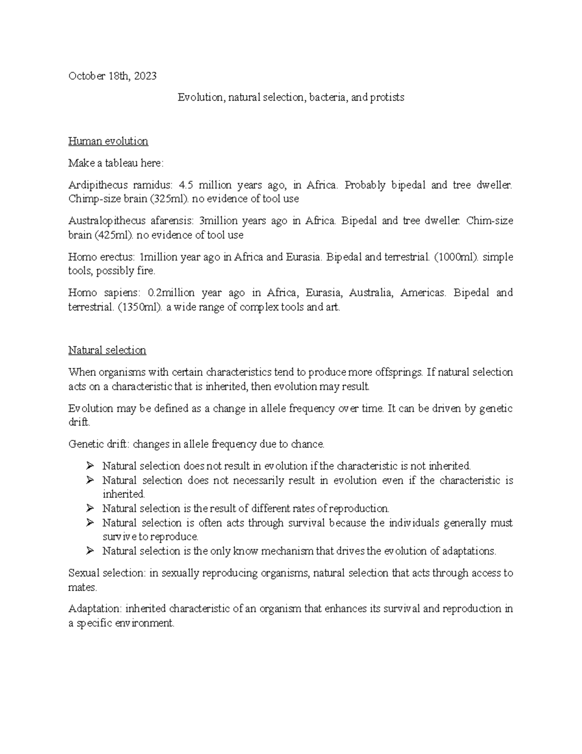 BIO 101: Evolution and Natural Selection Overview - Key Concepts - Studocu