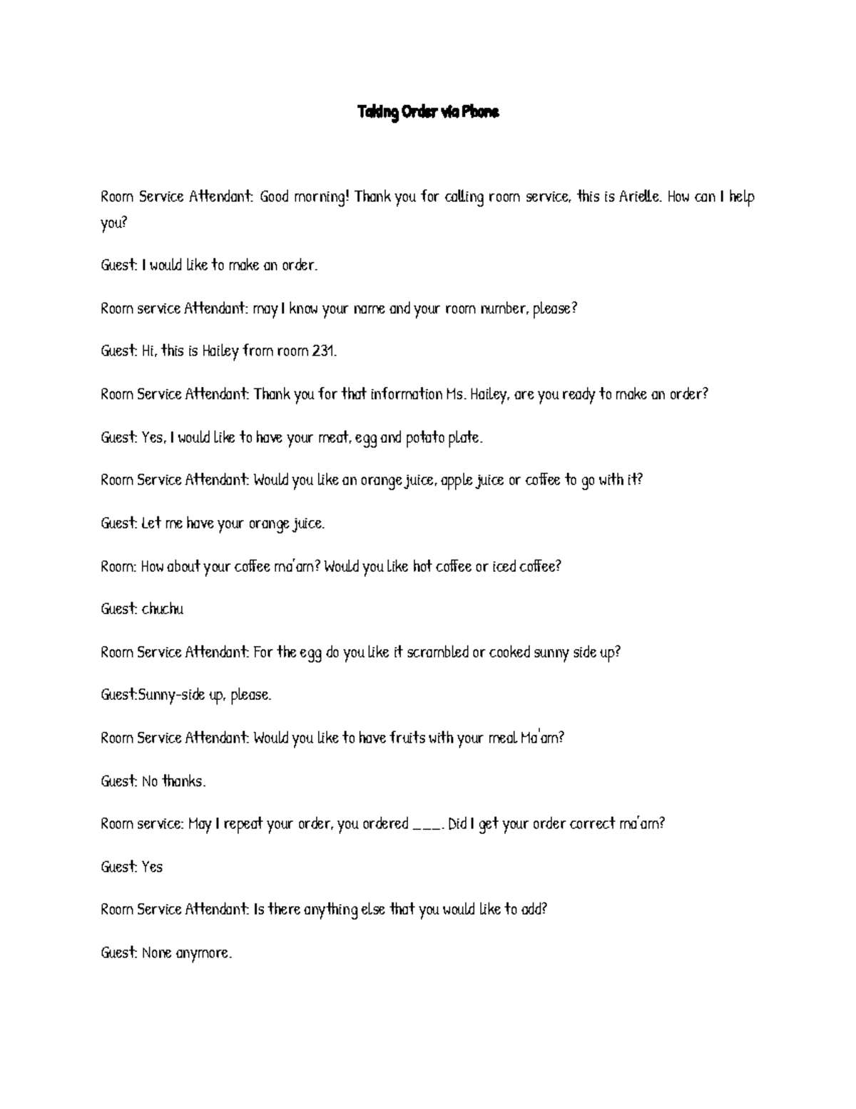 Taking Order via Phone ( Script) - Taking Order via Phone Room Service ...