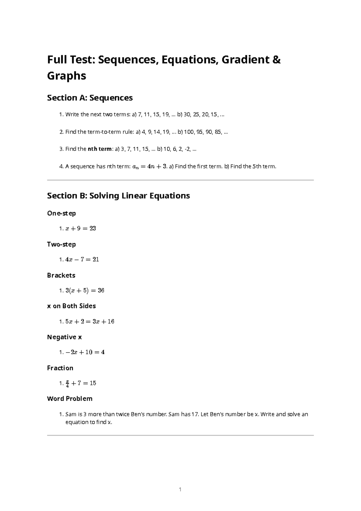Full Test: Sequences & Linear Equations (Math 101) - Studocu