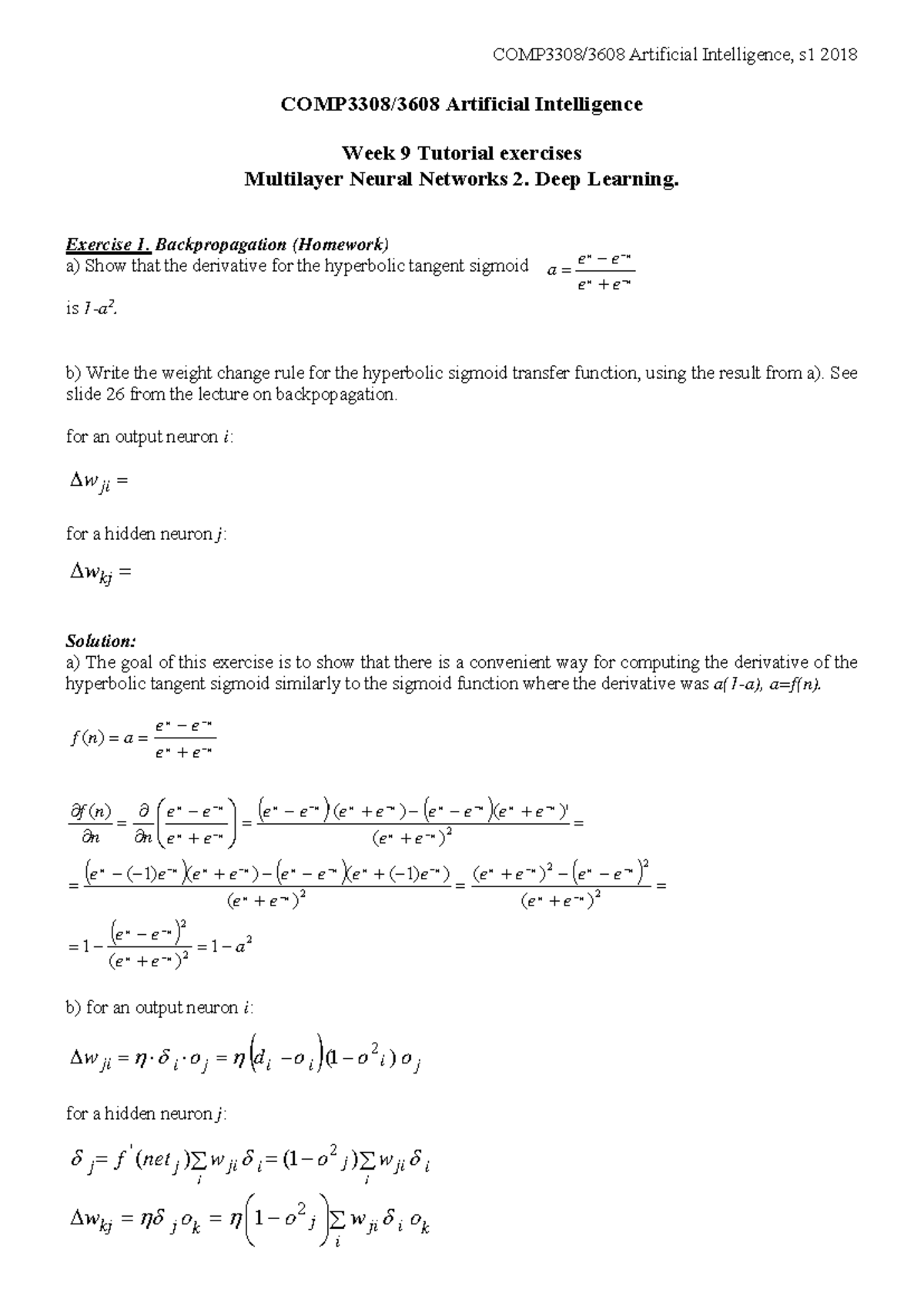 Artificial Intelligence S1 2018 Week 9 Tutorial Solutions on Neural ...