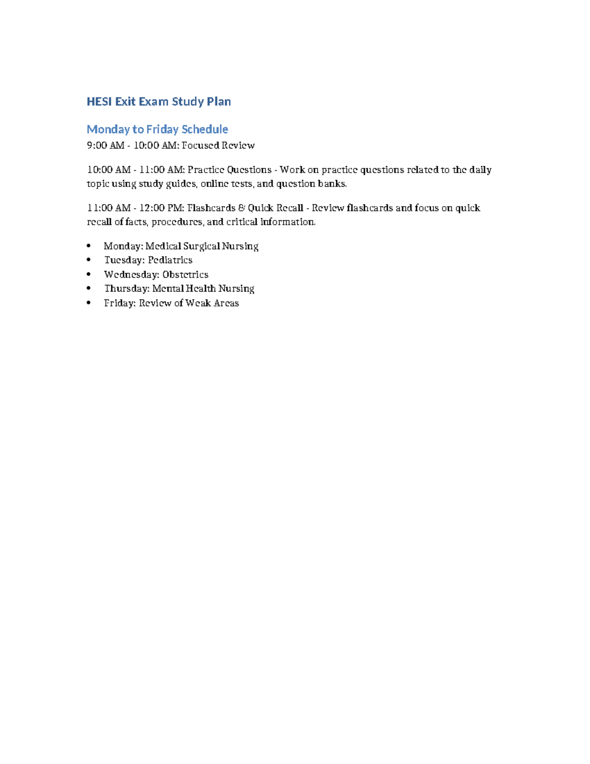 Simplified HESI Study Plan Template - HESI Exit Exam Study Plan Monday ...