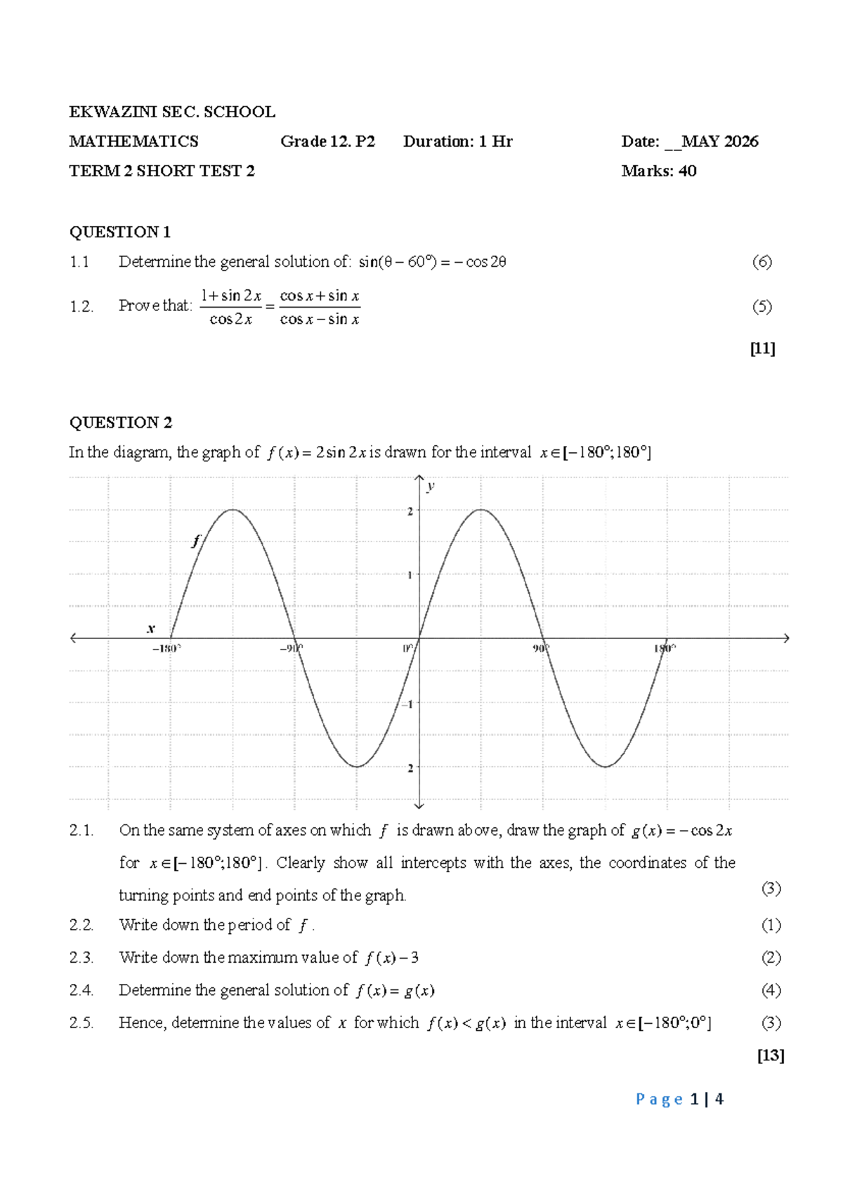 Grade 12 Mathematics P2 Term 2 Short Test 2 - Ekwazini Sec. School ...