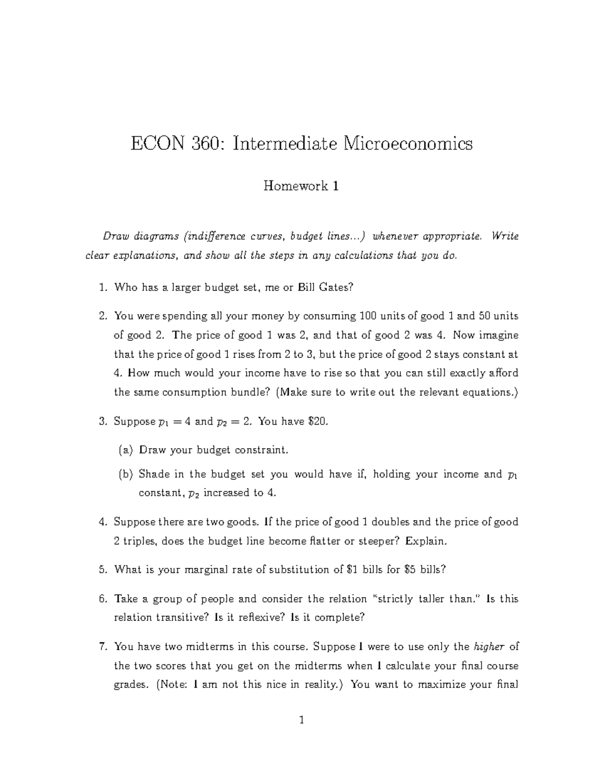 ECON 360: Intermediate microeconomics homework 1 analysis and diagrams - Studocu