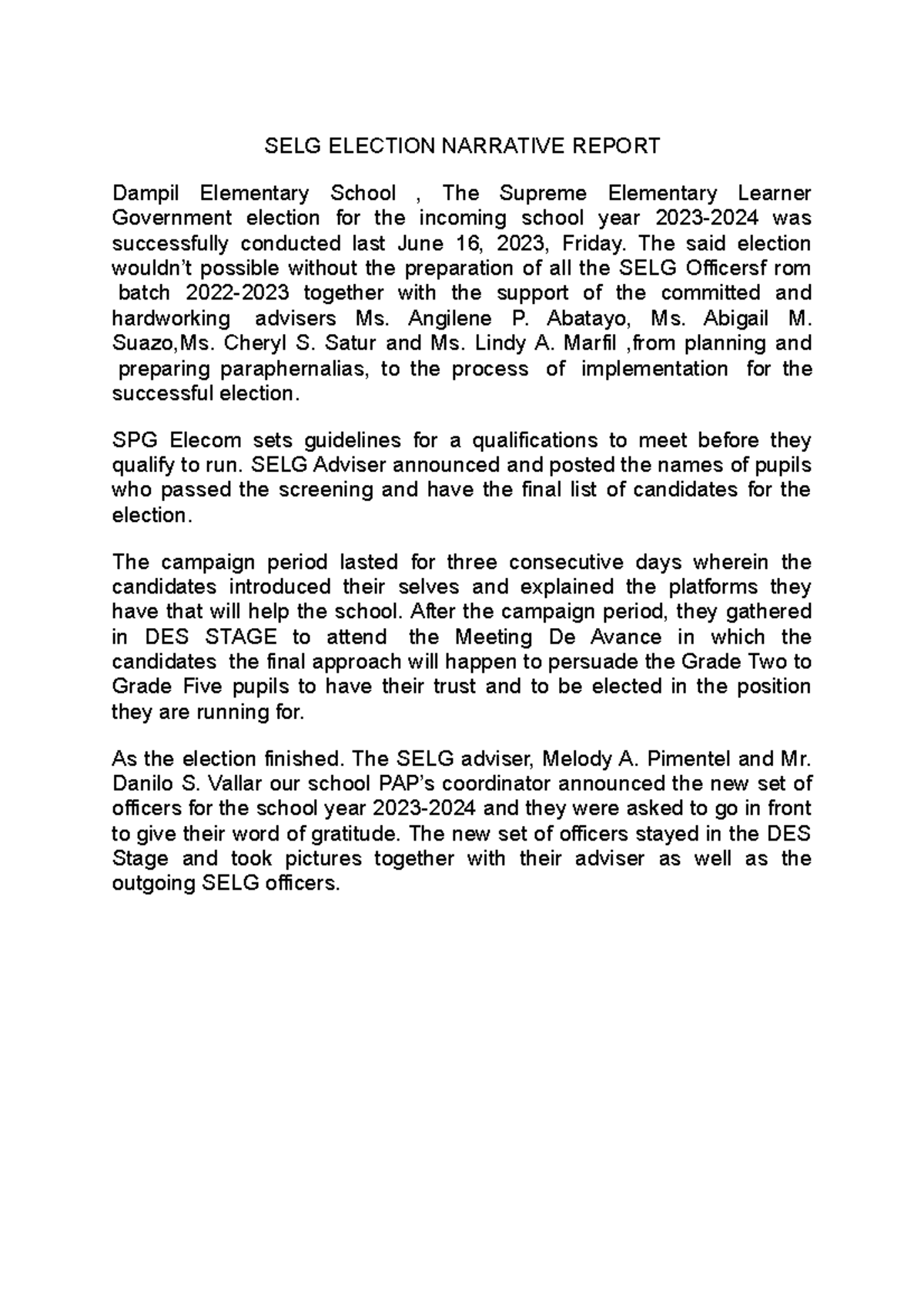 SELG Election Narrative Report for 2023-2024 at Dampil Elementary ...