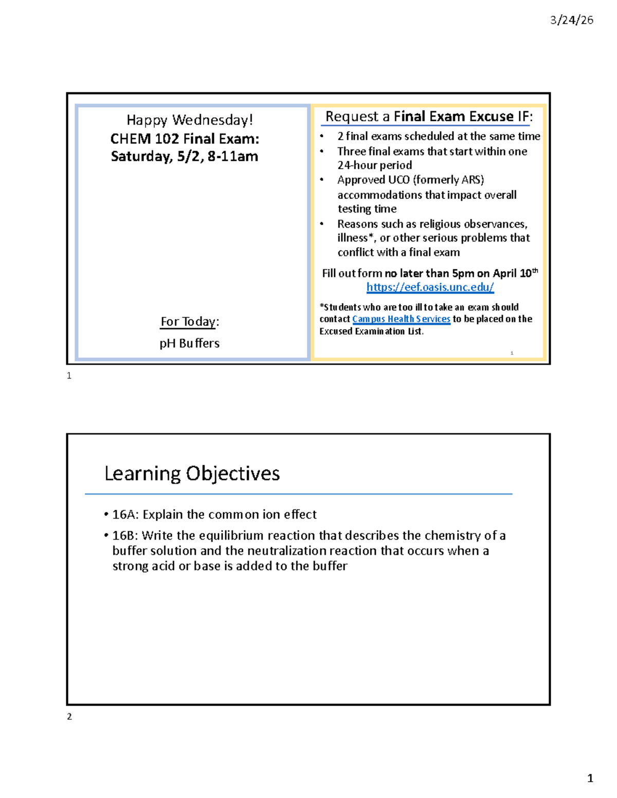 CHEM 102 Final Exam Review: pH Buffers & Common Ion Effect - Studocu