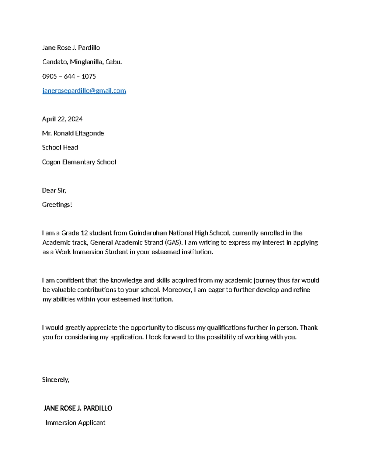 Grade 12 GAS Work Immersion Application Letter by Jane Rose Pardillo ...