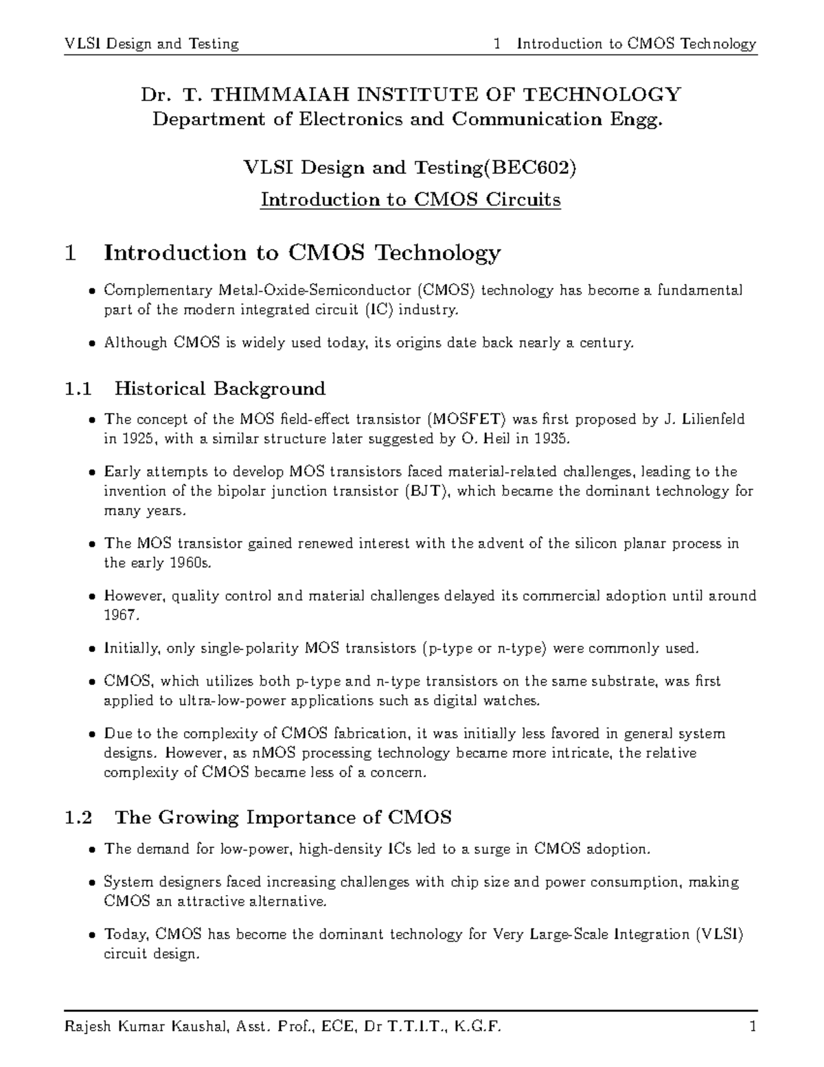 BEC602, Module 1: Intro to CMOS Circuits and Technology - Studocu