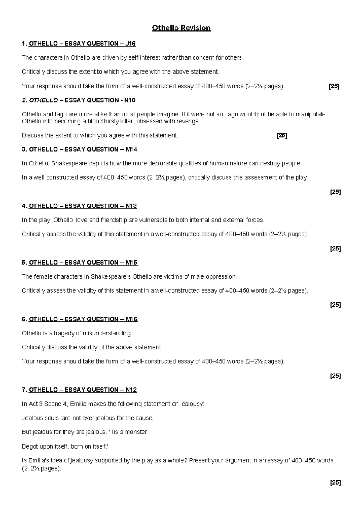 Othello Revision 2017: Critical Essay Questions & Analysis - Studocu