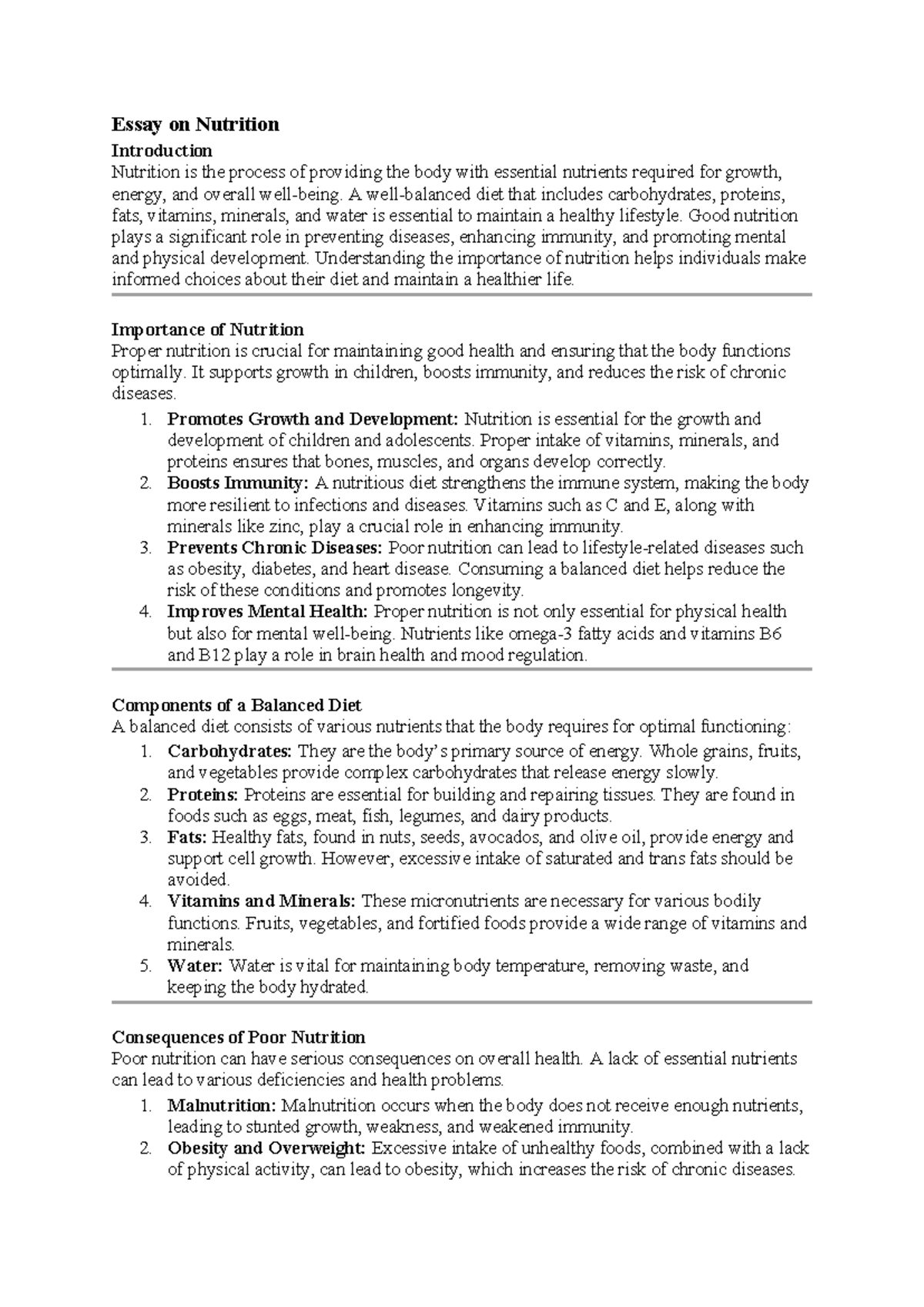 Essay on Nutrition and Its Impact on Health and Well-being - Studocu