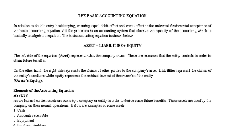 Basic Accounting Equation Overview: Assets, Liabilities & Equity - Studocu