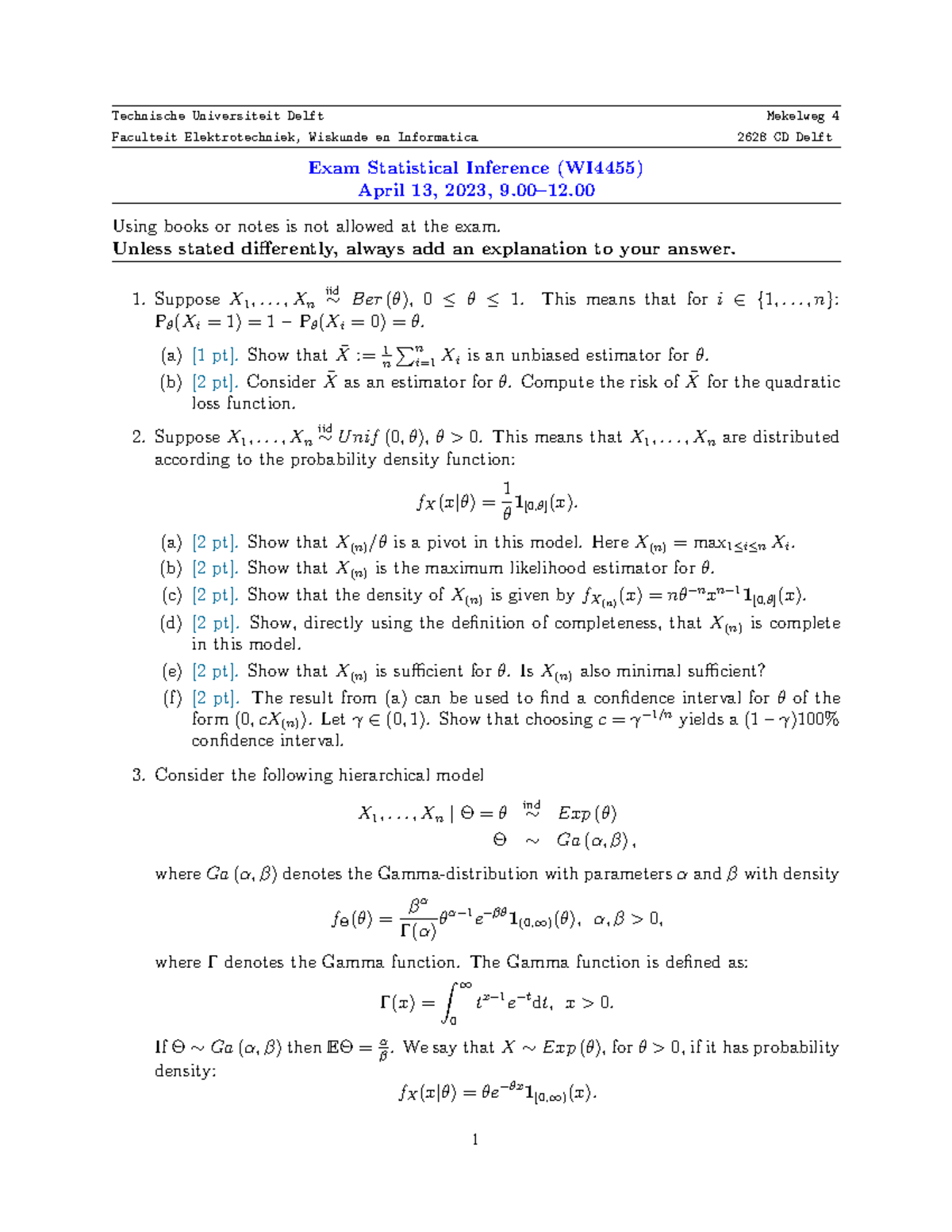 Exam WI4455 Statistical Inference Resit April 2023 Notes - Studeersnel