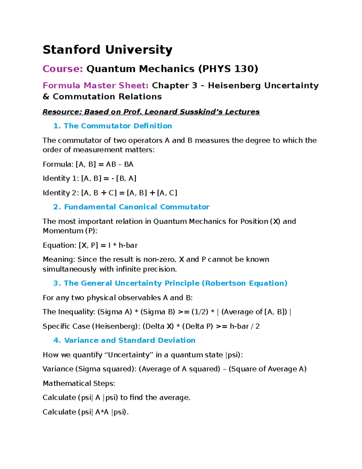 PHYS 130 Ch3 Quantum Mechanics: Uncertainty & Commutation Formulas ...