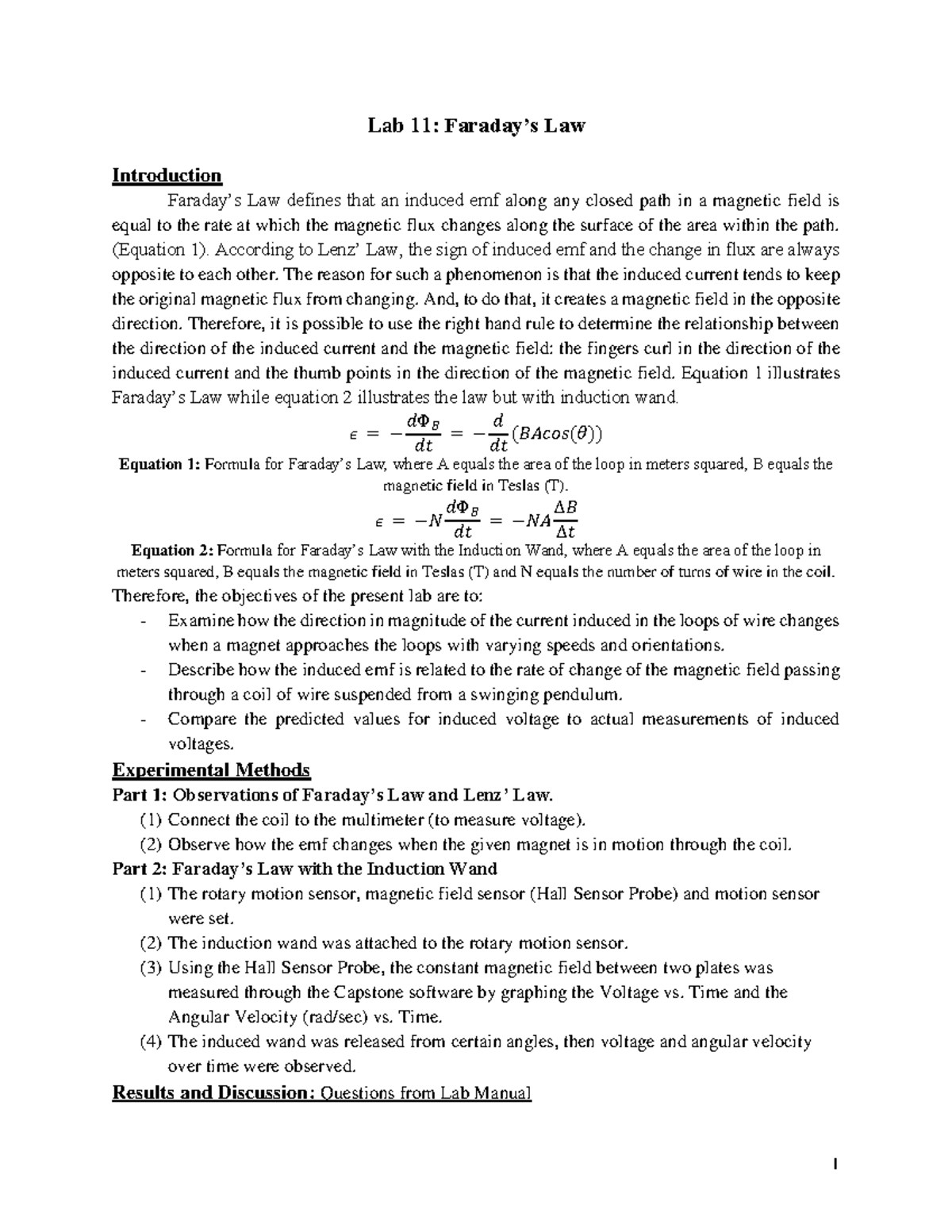 Lab 11 Faradays Law - Lab Report - 1 Lab 11: Faraday’s Law Introduction ...