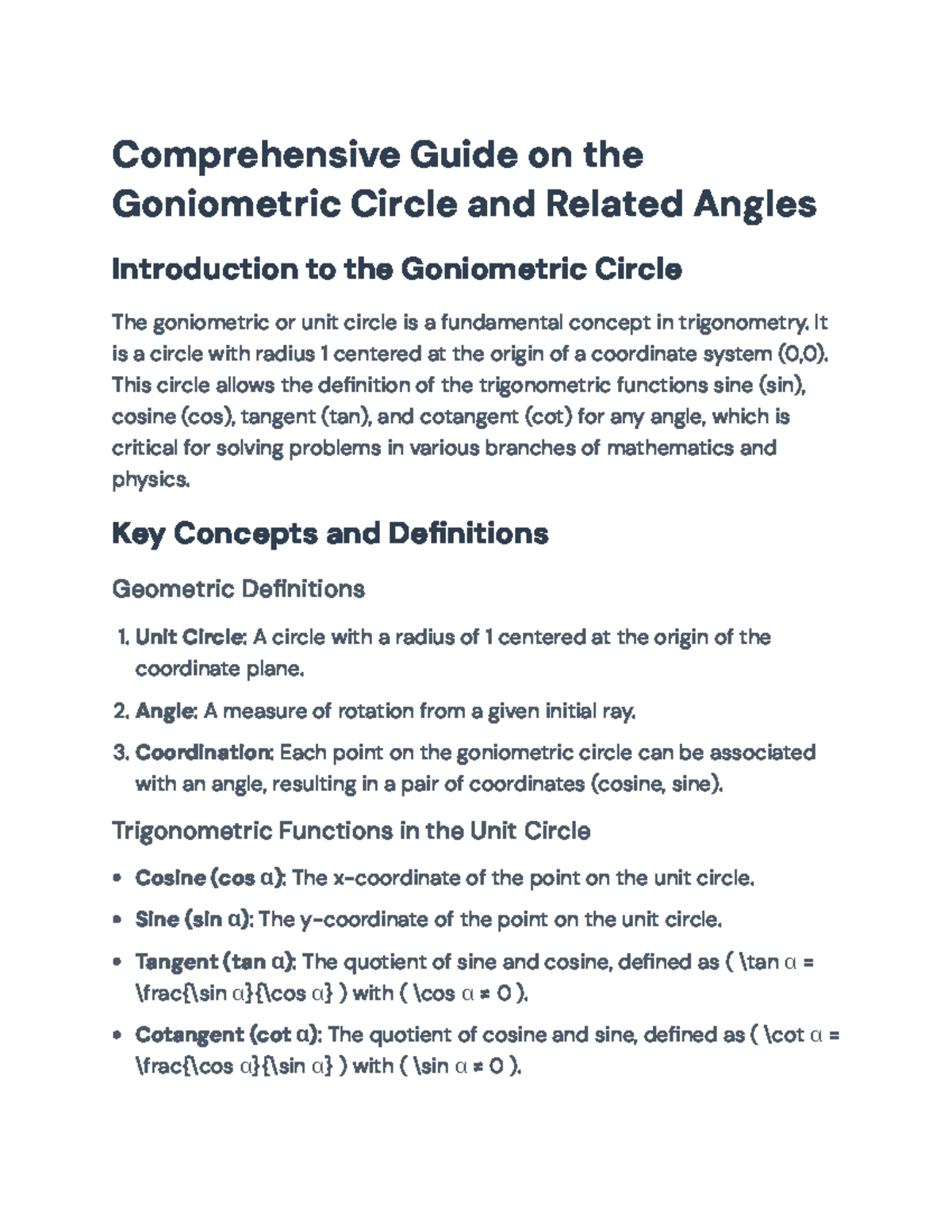 Goniometric Circle: A Comprehensive Study in Trigonometry (MATH101 ...