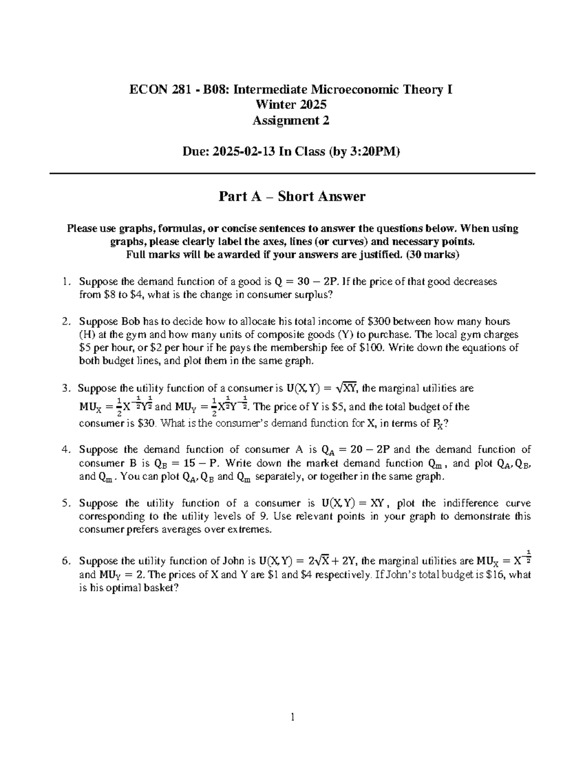 ECON 281 B08: Intermediate Microeconomic Theory I - Assignment 2 - Studocu