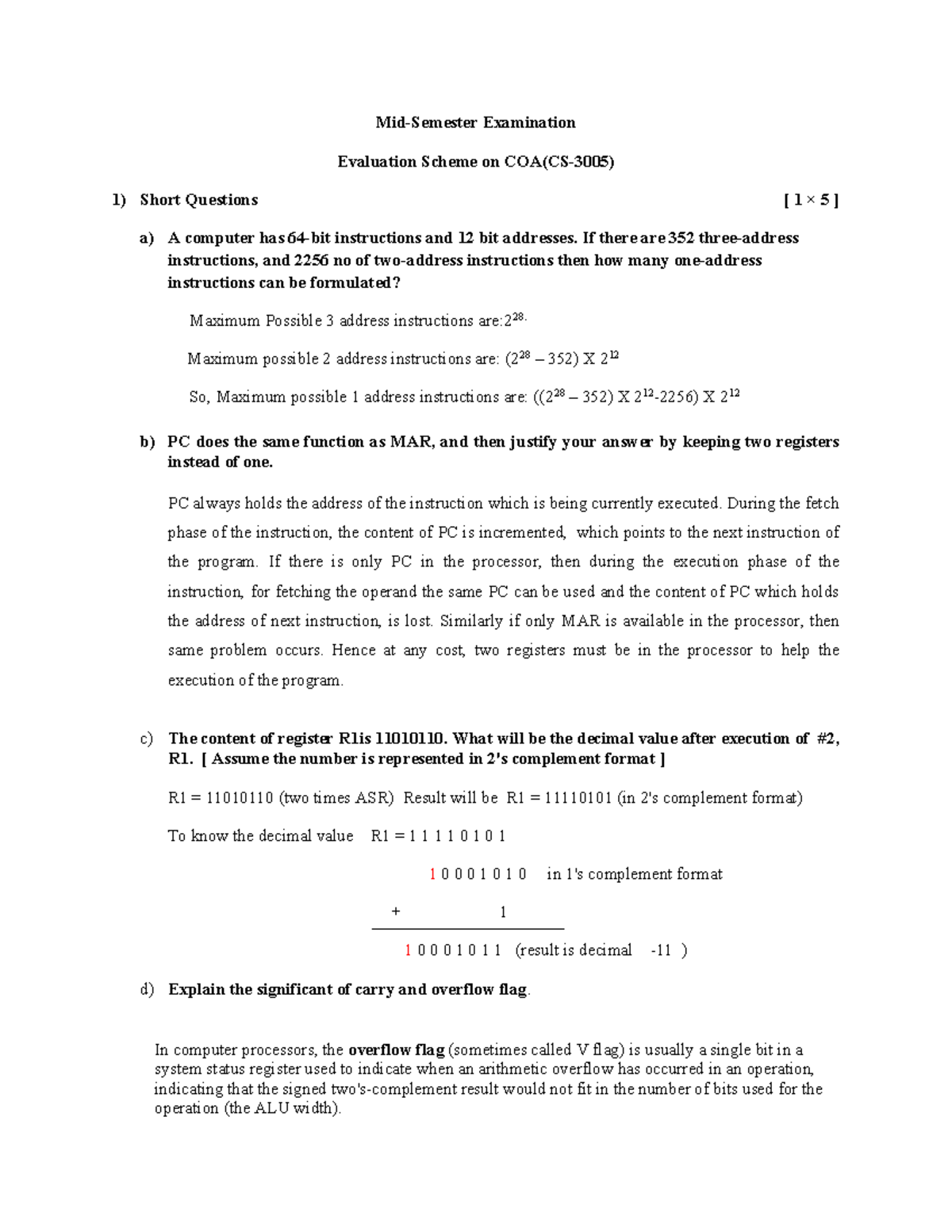 Mid sem coa solution - Mid-Semester Examination Evaluation Scheme on COA(CS-3005) 1) Short ...