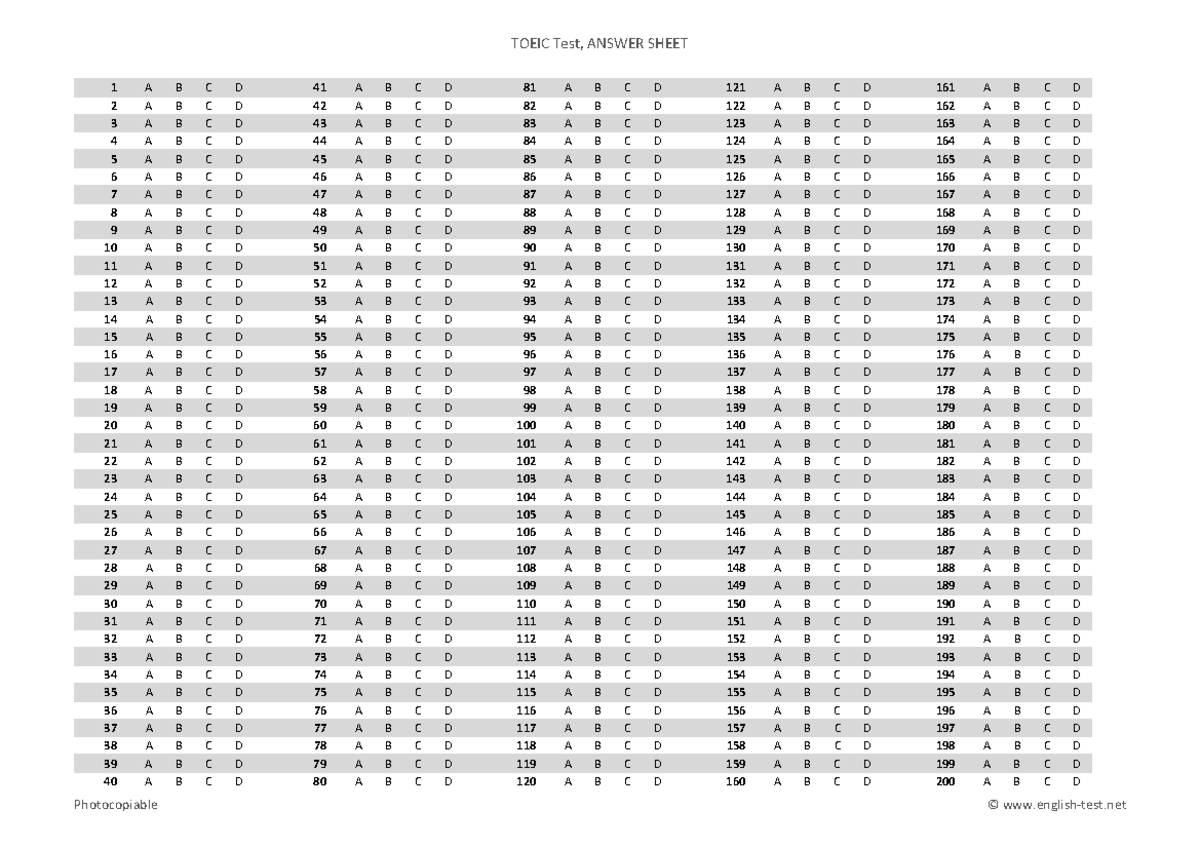 Answer Sheet - TOEIC Test, ANSWER SHEET 1 A B C D 41 A B C D 81 A B C D ...