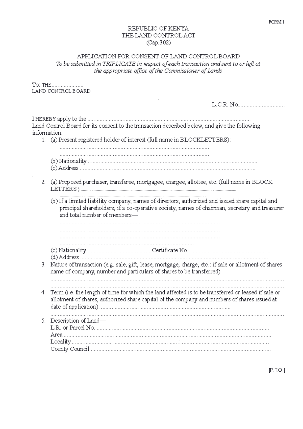 Application for Consent to Land Control Board - Form 1 (Kenya) - Studocu