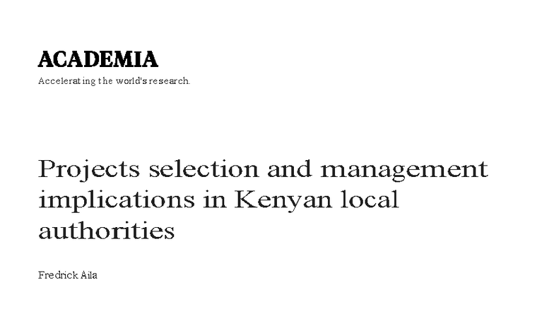 Projects Selection and Management Implications in Kenyan Local ...