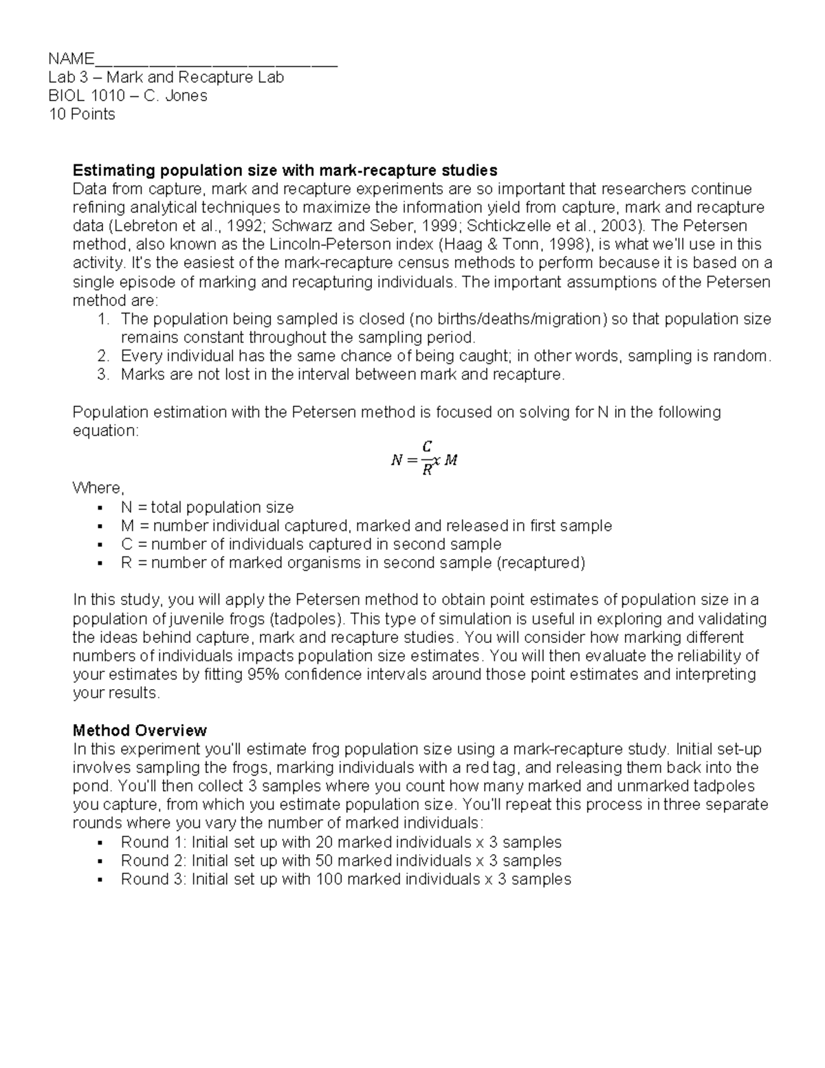 Annotated Lab 3: Mark and Recapture in BIOL 1010 - Studocu