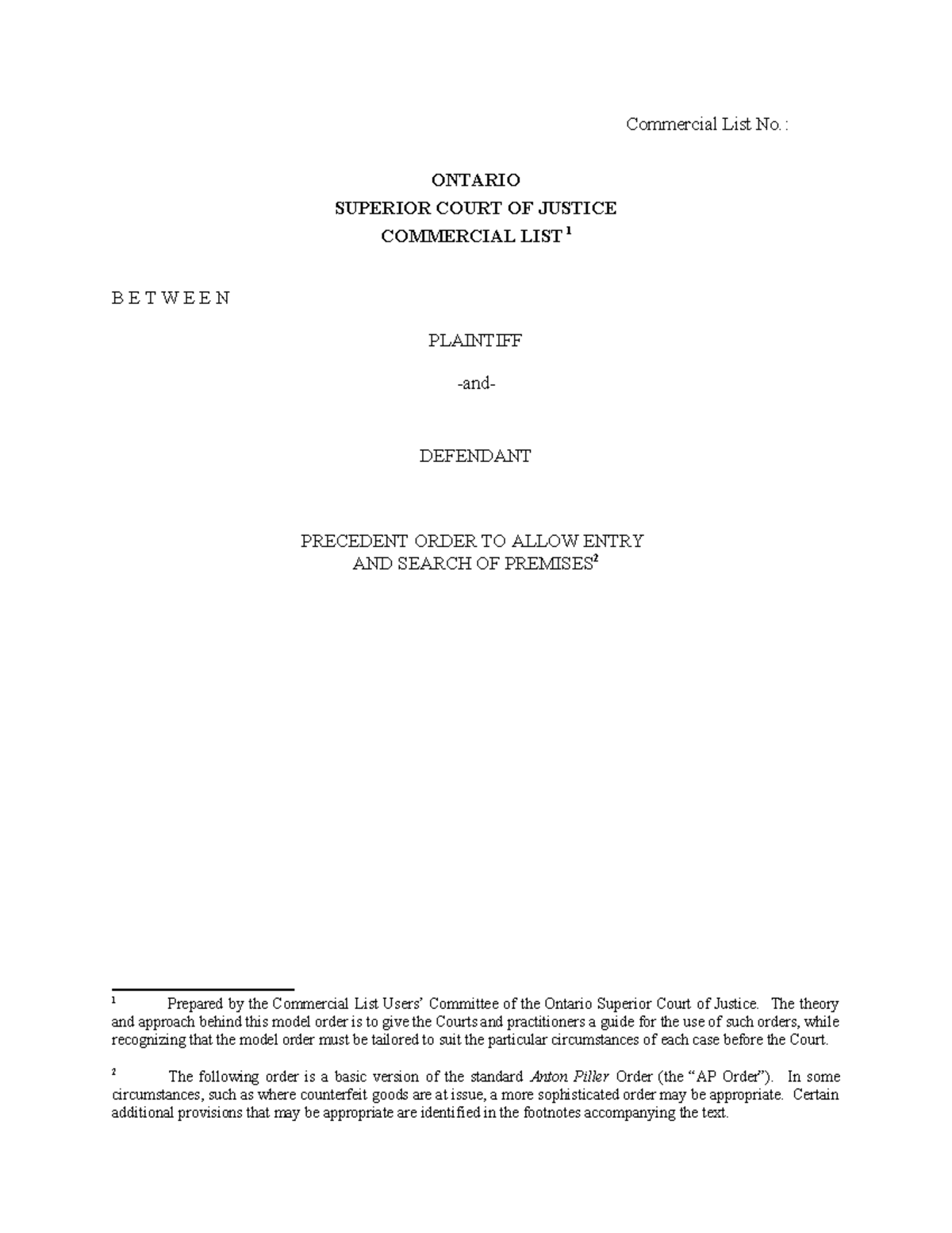 ONTARIO SUPERIOR COURT OF JUSTICE: Anton Piller Order Precedent Guide ...