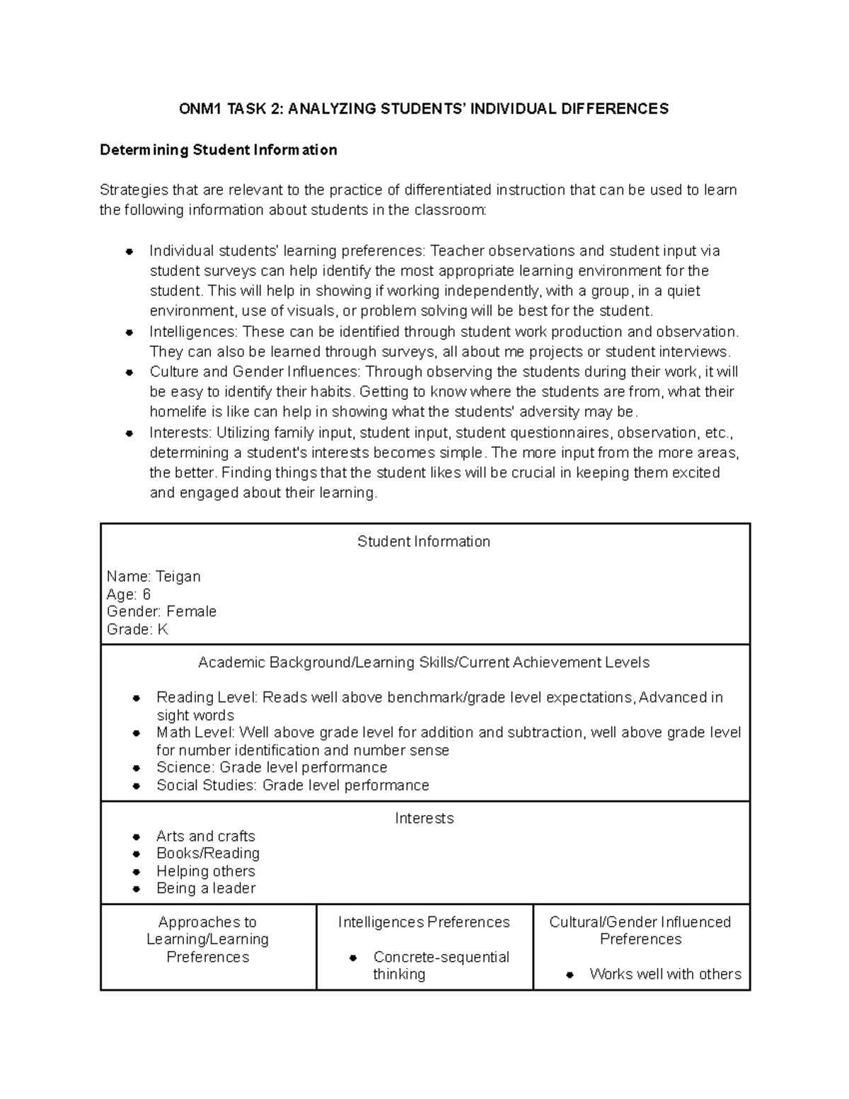 ONM1 TASK 2: Strategies for Analyzing Student Individual Differences ...