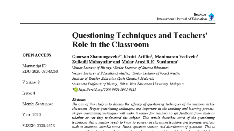 Questioning Techniques in the Classroom: Shanlax Int. Journal of Ed ...