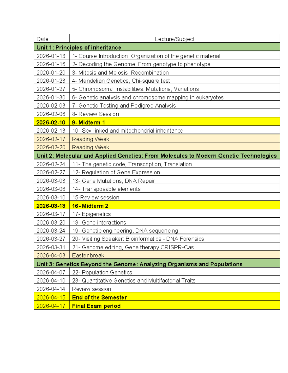 BIO2133 Course Schedule: Genetics Principles & Exam Dates - Studocu