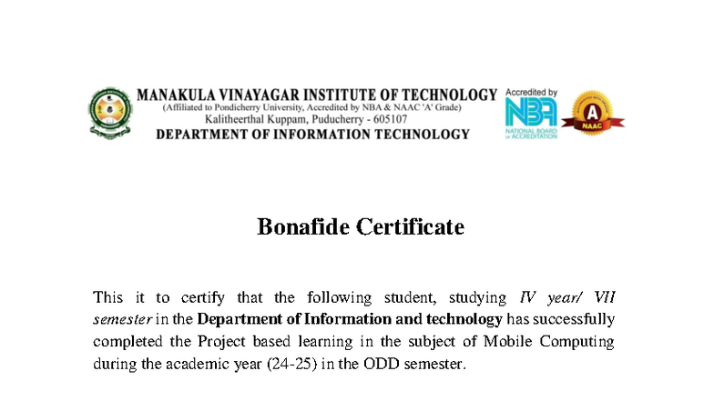 Bonafide Certificate for Mobile Computing Project (MC EXP) - Studocu
