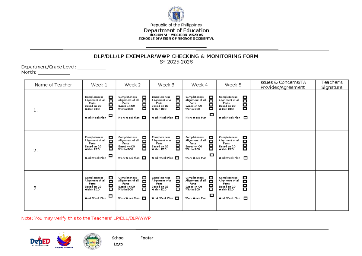 Checking Monitoring Form SY: Teacher Week Plan Report - Studocu