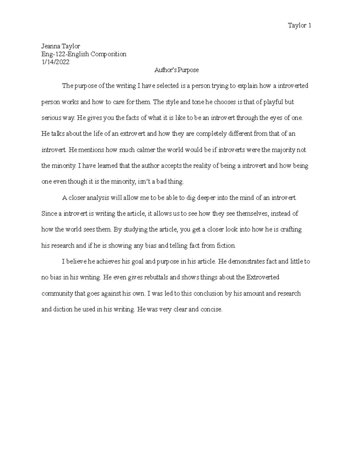 Module 2 english - Week 2 assignment - Taylor 1 Jeanna Taylor Eng-122 ...