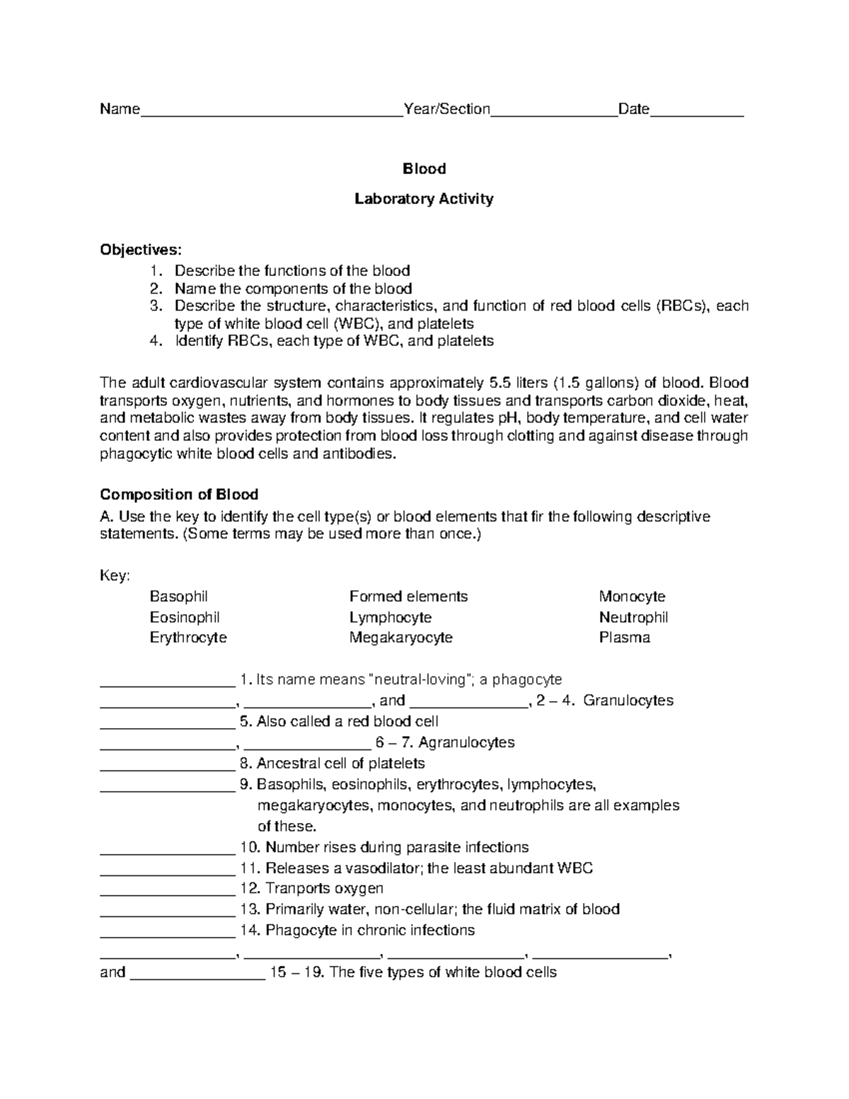 9-Blood-1: Comprehensive Blood Laboratory Activity Guide - Studocu