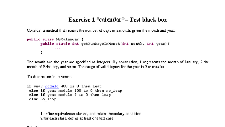 CS101 Exercise 1: Black Box Testing for MyCalendar Method - Studocu