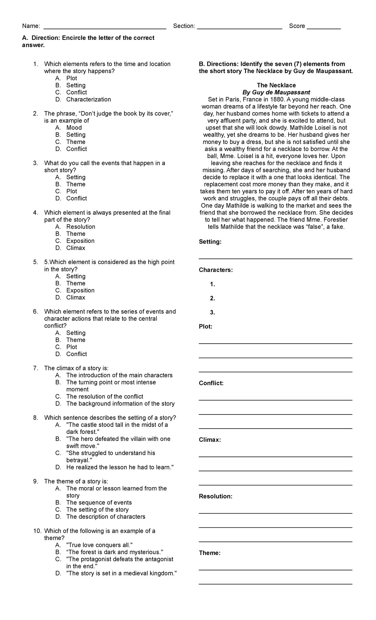 Elements of a Short Story Quiz 3: Understanding Narrative Components ...