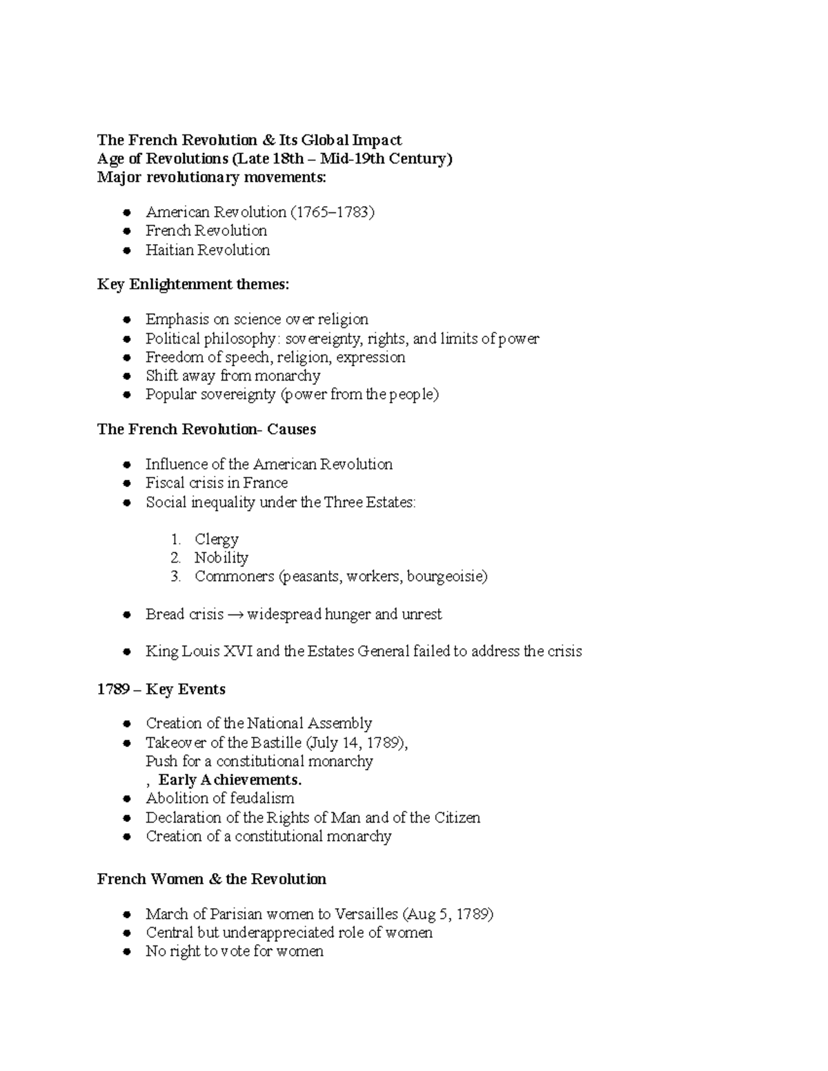 HIST 225 Midterm Study Guide: The French Revolution's Global Influence ...