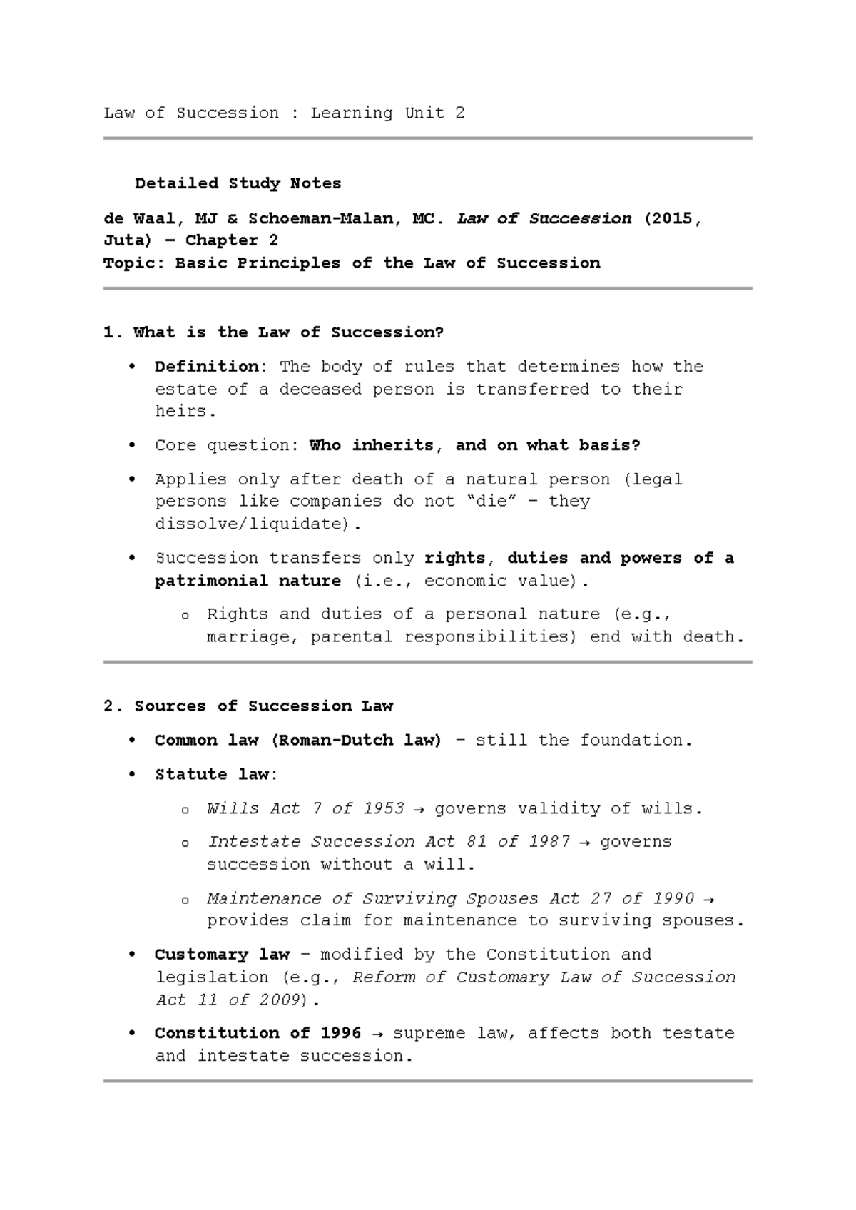 Law of Succession LU1 - Practice Material for Tests & Exams - Studocu