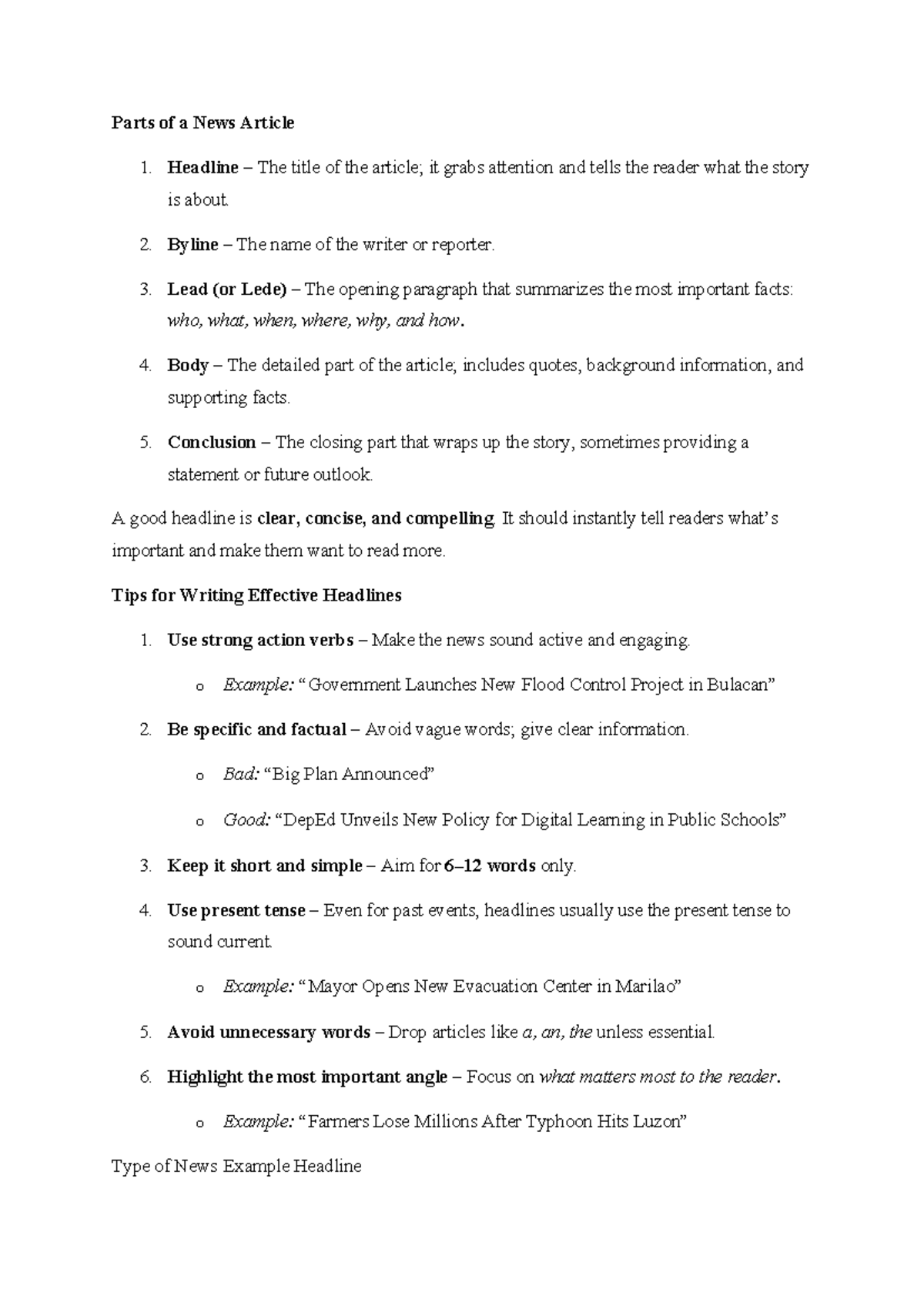 Parts of a News Article: Structure and Writing Tips - Studocu