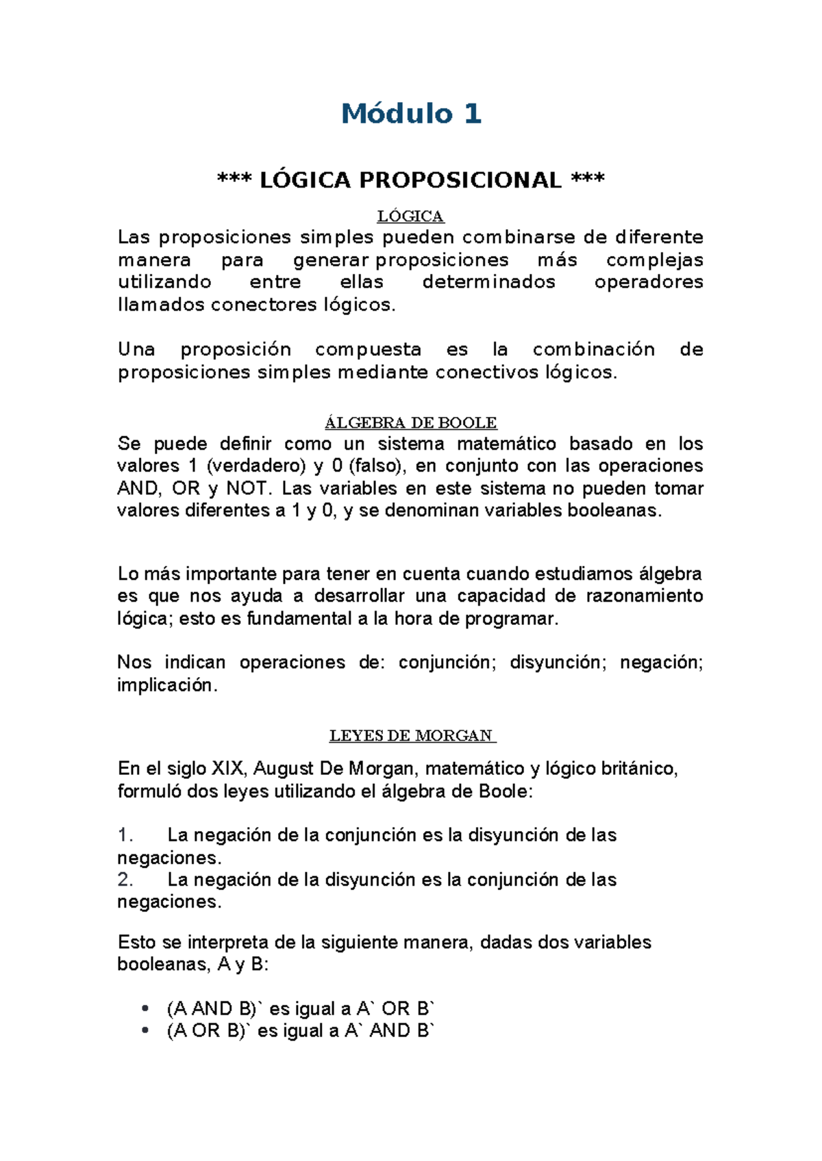Resumen del Módulo 1: Lógica Proposicional y Álgebra de Boole (TP2 ...