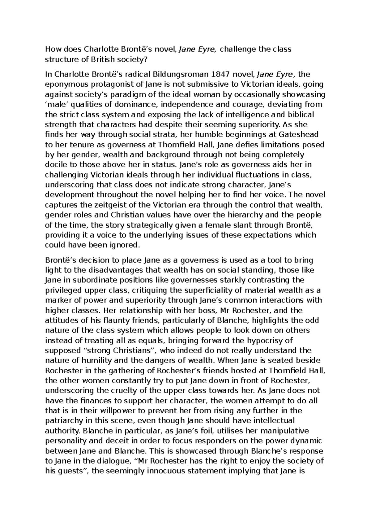 Jane Eyre Essay: Challenging Victorian Class Structures in Brontë's ...