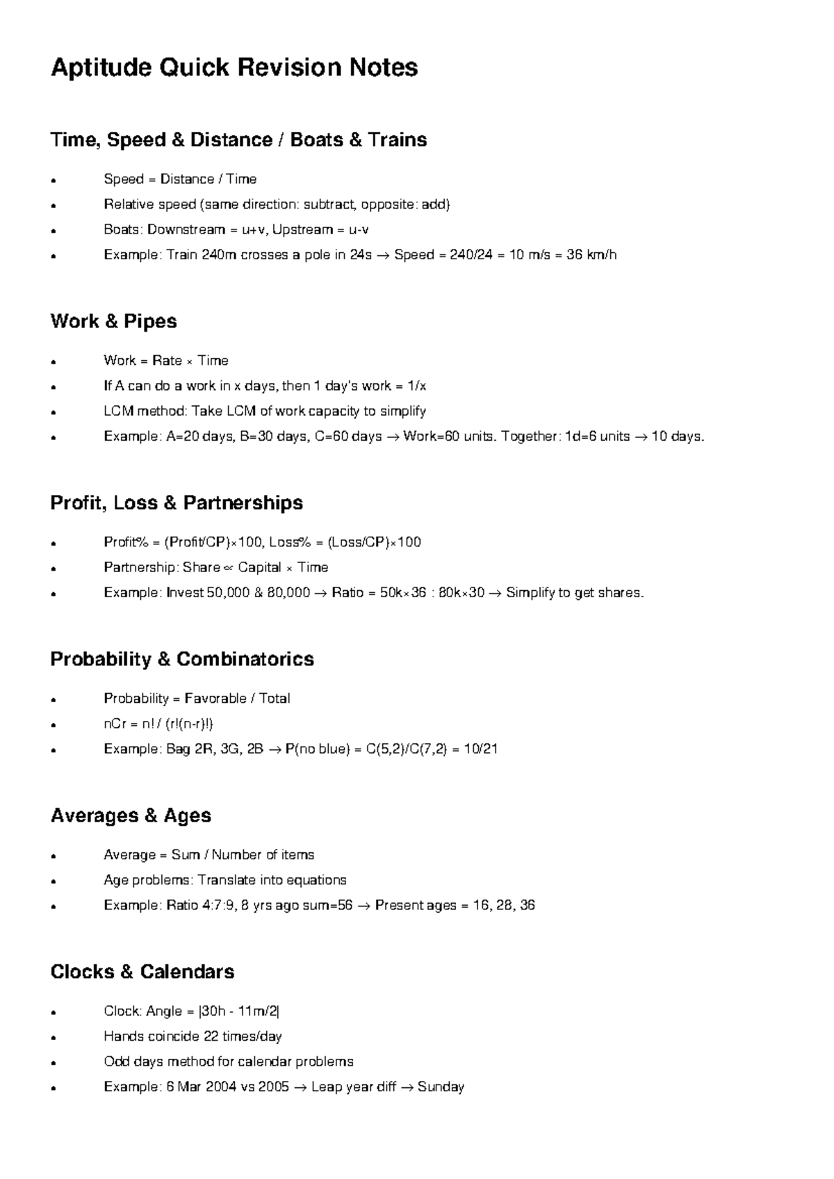 Aptitude Quick Revision Notes: Time, Speed, Distance & More - Studocu