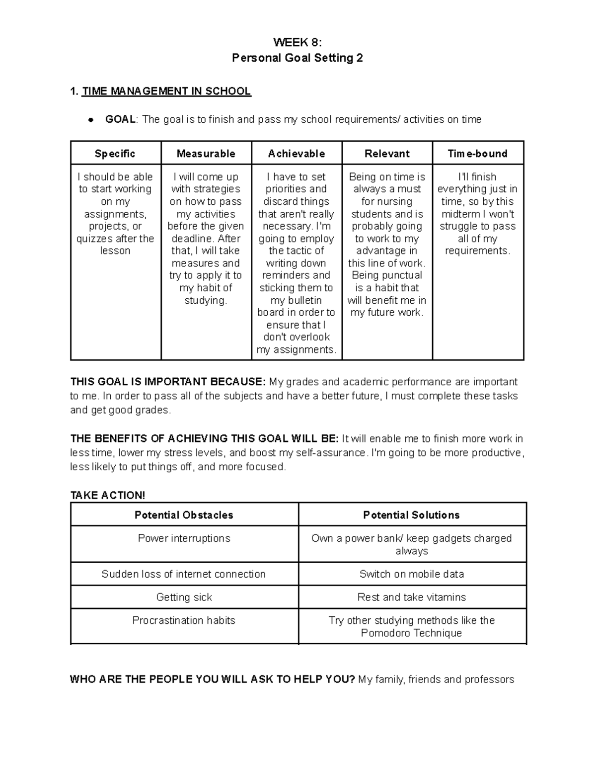 Personal GOAL Setting 2 - WEEK 8: Personal Goal Setting 2 1. TIME ...