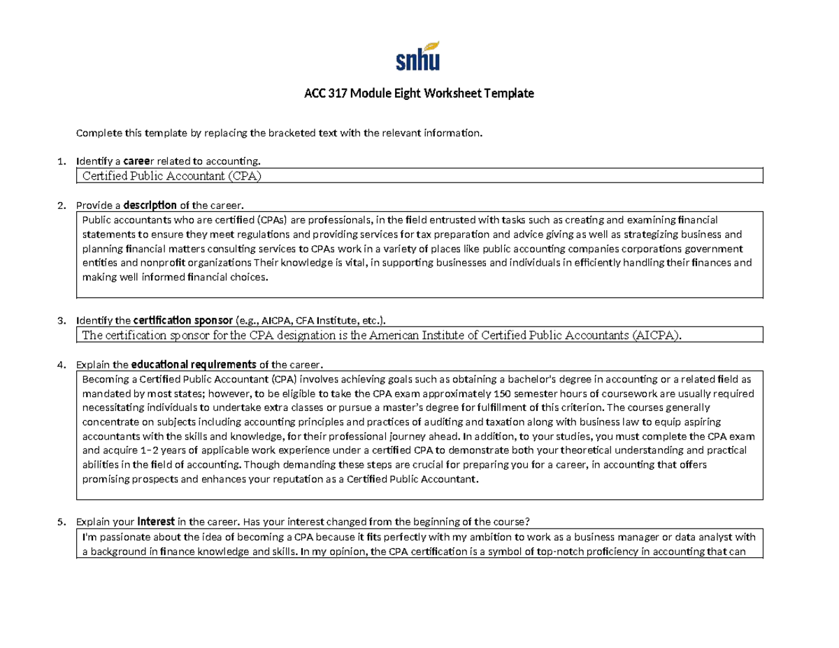 ACC 317 Module Eight Worksheet Template - ACC 317 Module Eight ...